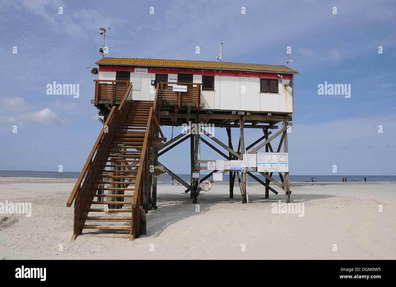Building built on stilts, beach on the North Sea, St. Peter-Ording ...