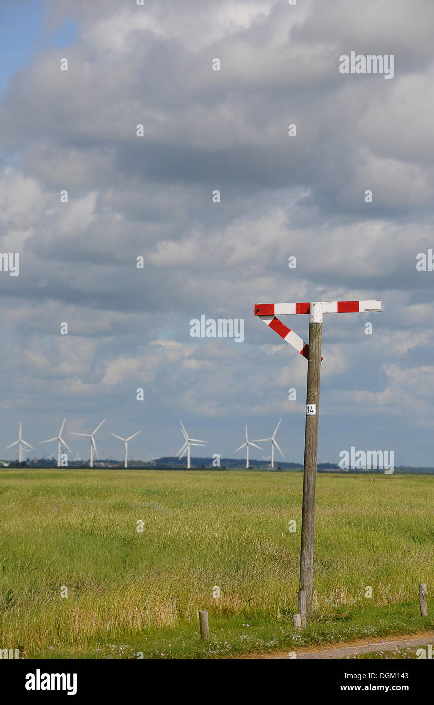 Traffic barrier sign, dam of Hamburger Hallig, North Frisia, Schleswig ...