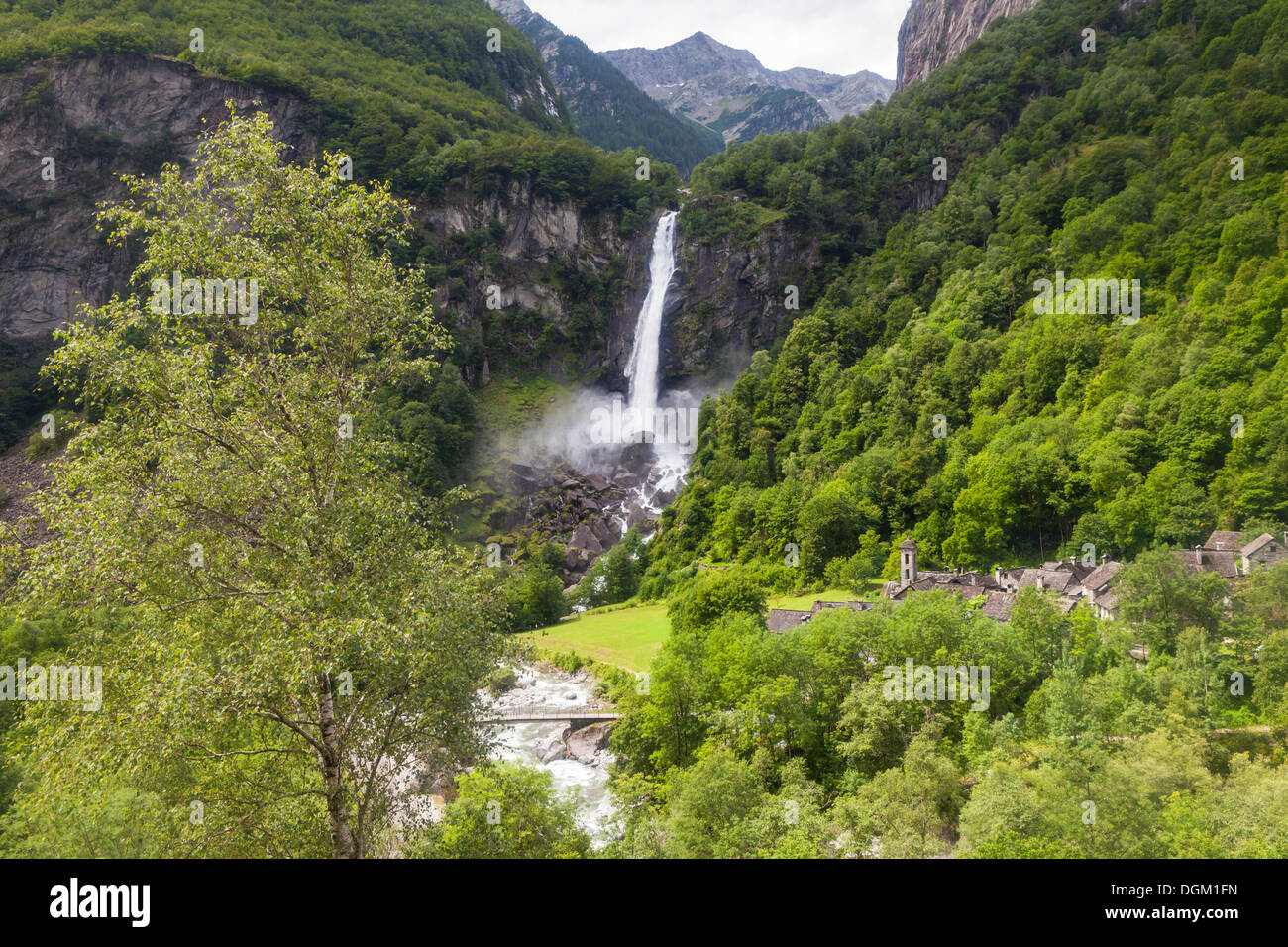 Waterfall of Foroglio with views of the village, Bavona Valley, Val ...
