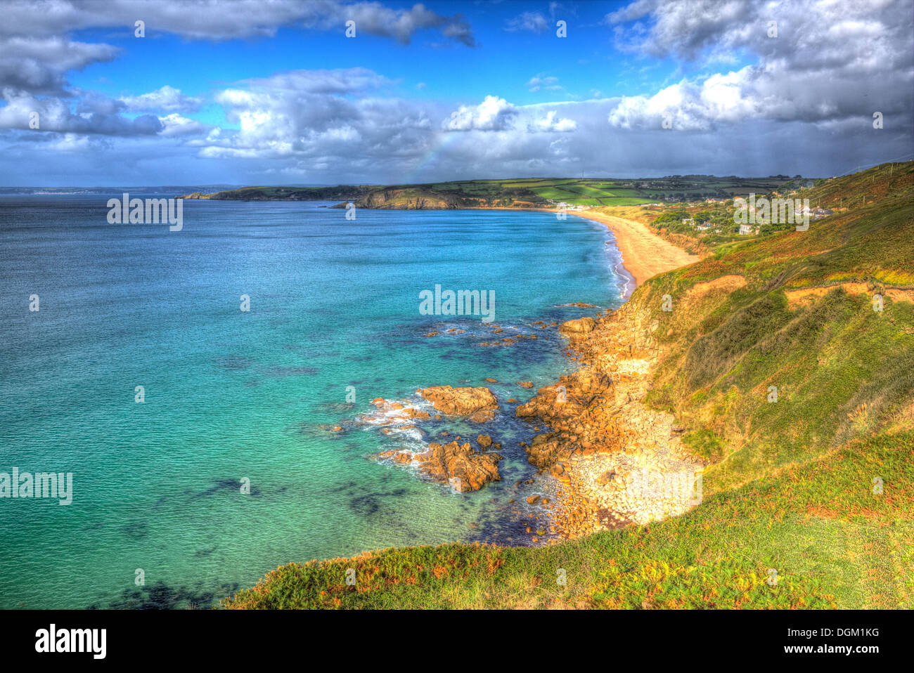 Praa Sands coast Cornwall near Penzance with sandy beach and blue sky ...