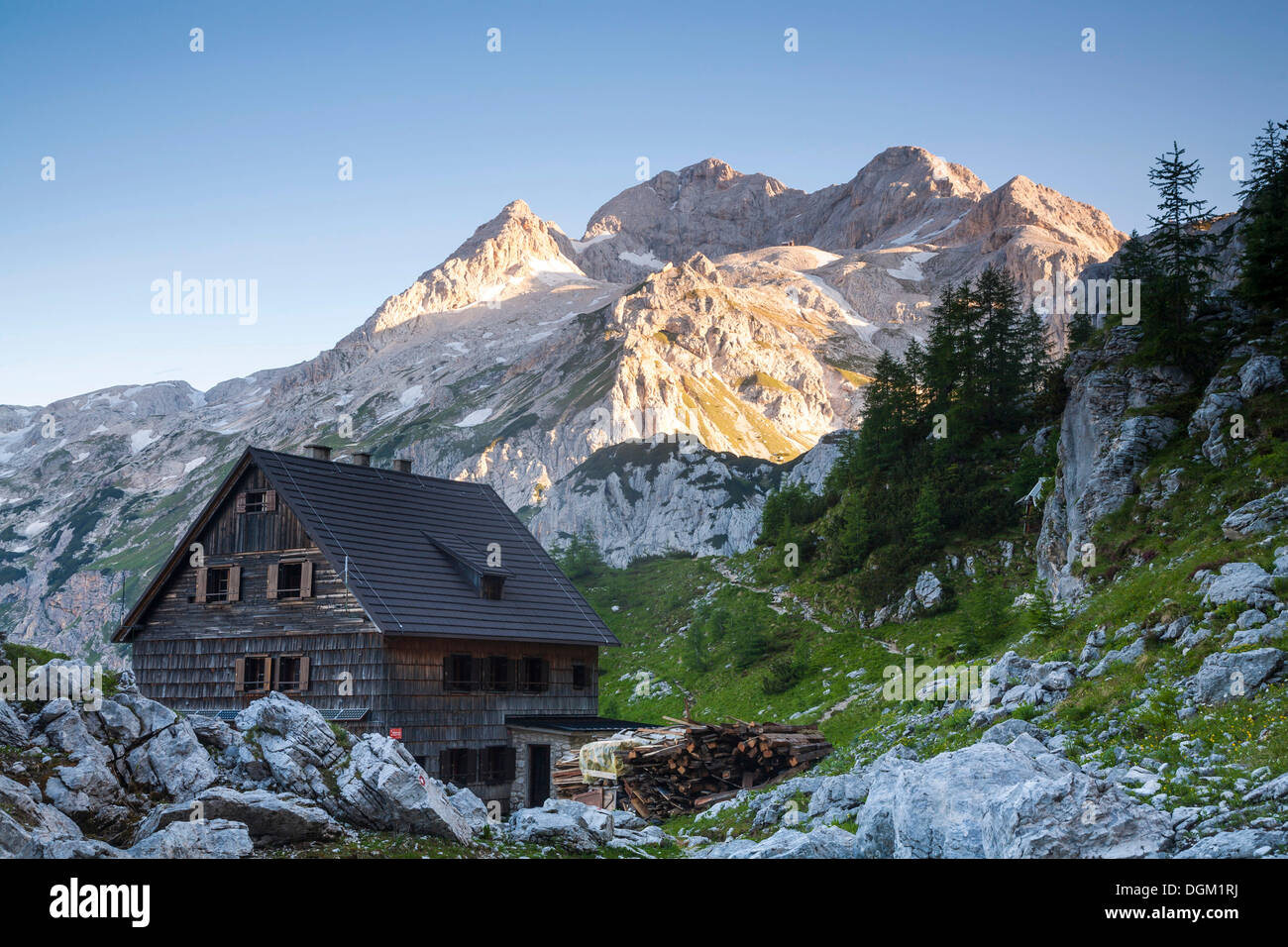 Vodnikov dom refuge with Triglav Mountain, Triglav National Park, Slovenia, Europe Stock Photo ...