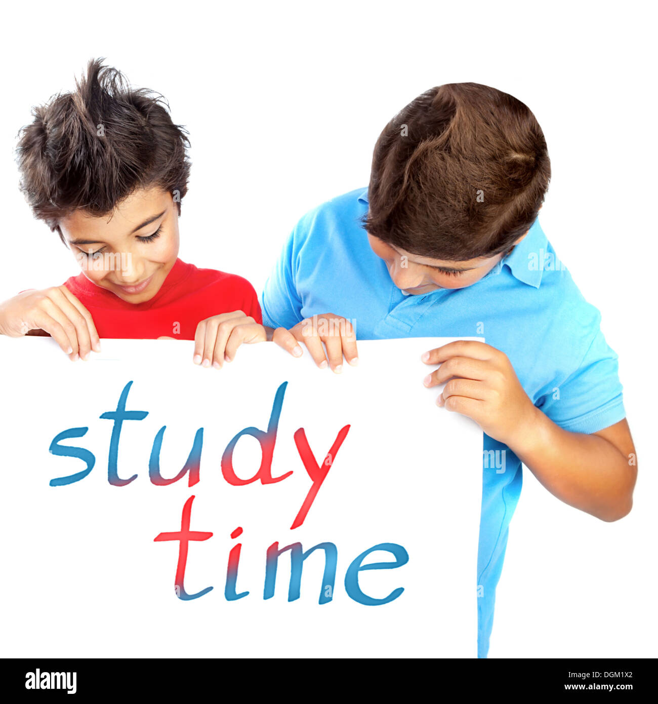 Two classmate with billboard isolated on white background, enjoying ...