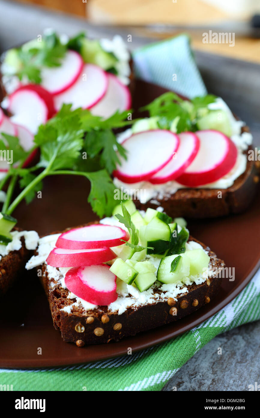 bruschetta with cheese and radish, food close up Stock Photo - Alamy