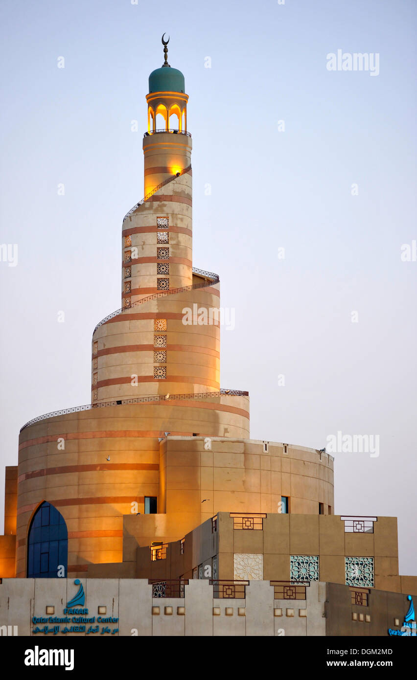 Evening, spiraled tower of the Fanar, Qatar Islamic Cultural Center ...