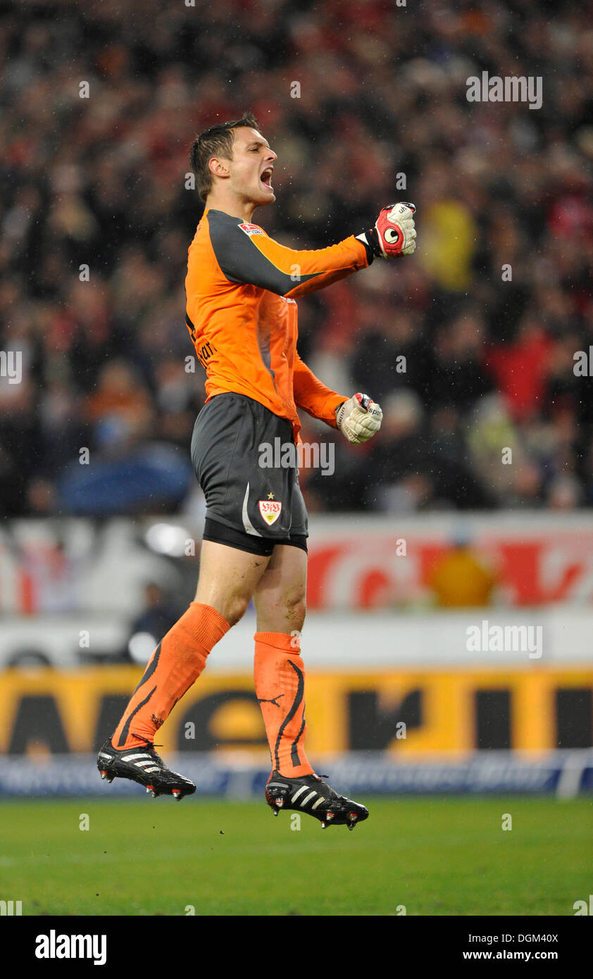 Celebrating a goal, goalie Sven Ulrey, VfB Stuttgart football club ...