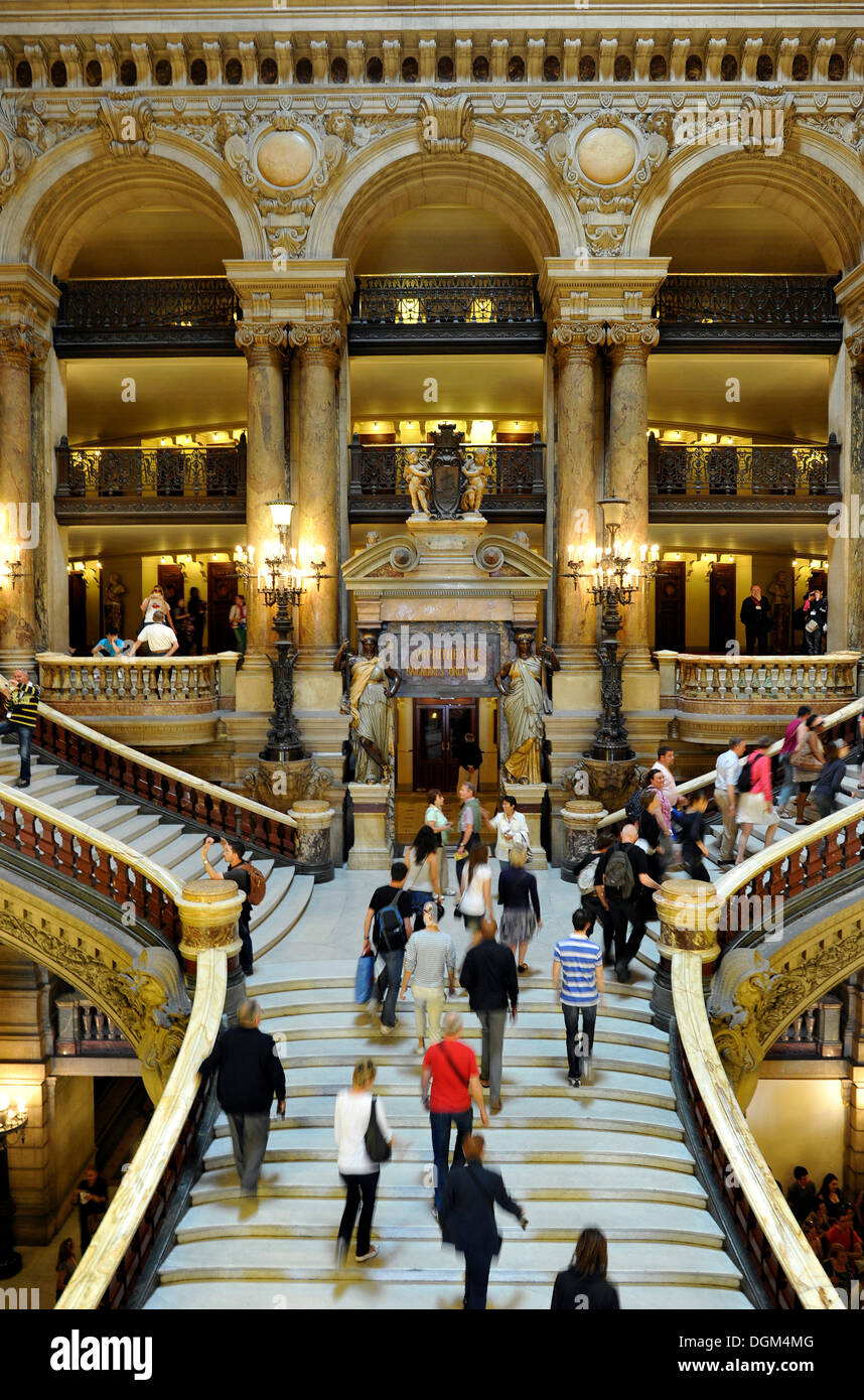 Interior, tourists on the rococo marble staircase, foyer, Opéra Palais ...