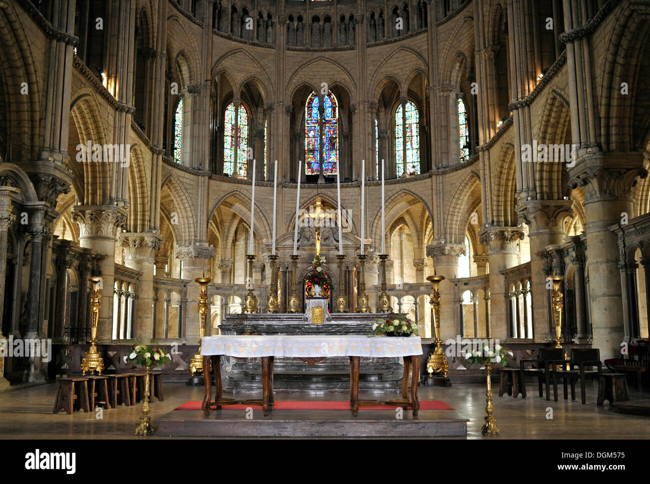 Altar and sanctuary, historic glass windows from the 12th century ...
