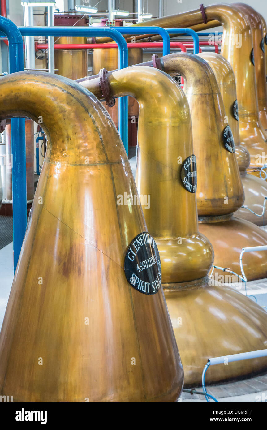 Whisky Stills at Glenfiddich whisky distillery at Dufftown in Moray ...