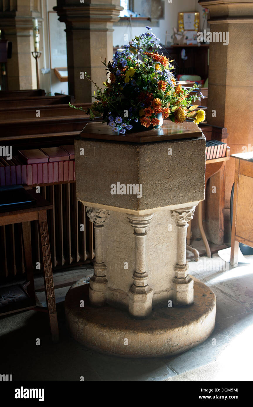 The font, St. James Church, Badsey, Vale of Evesham, Worcestershire, UK ...