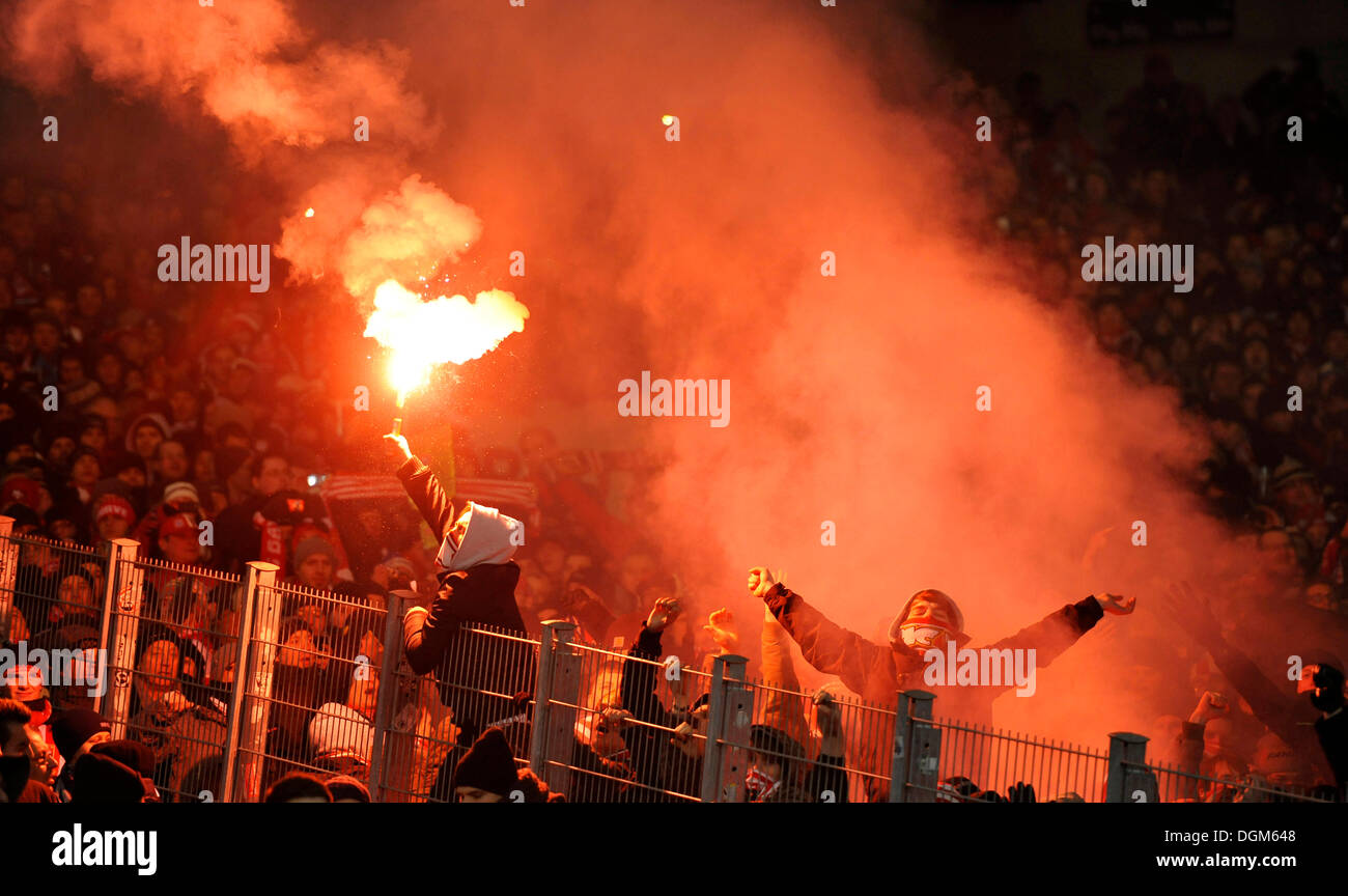 Flares, fire, fireworks, Bavaria fan block, Mercedes-Benz Arena ...