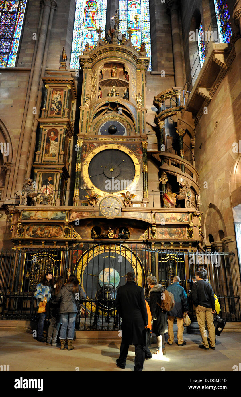 Visitors, astronomical clock, interior view of Strasbourg Cathedral ...