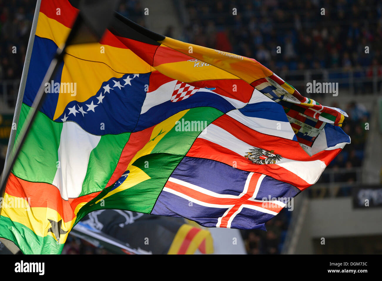 Colourful flags of various nationalities, multicultural event, Wirsol ...