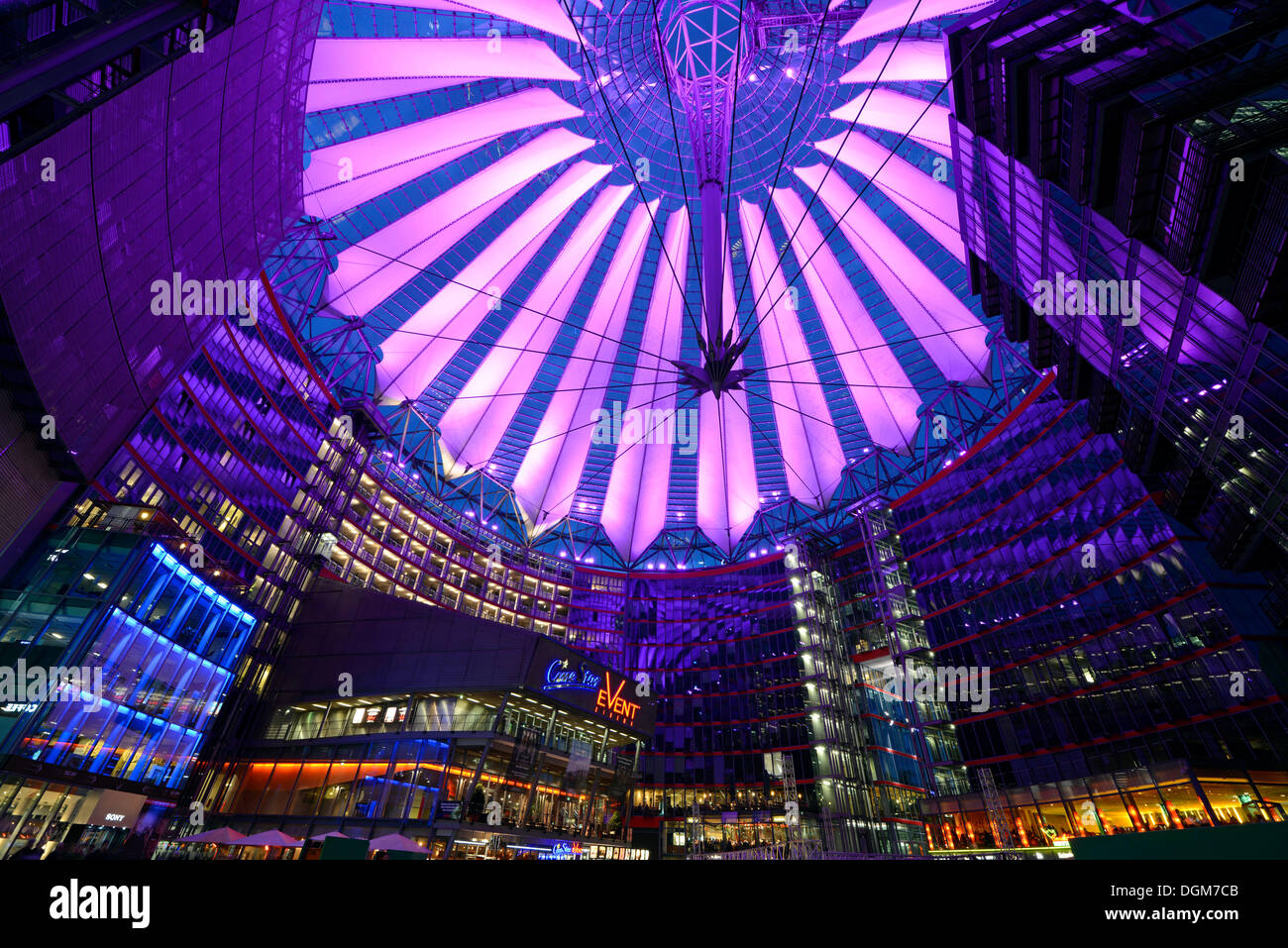 Courtyard and roof of the Sony Center at night, Mitte, Berlin, Berlin ...
