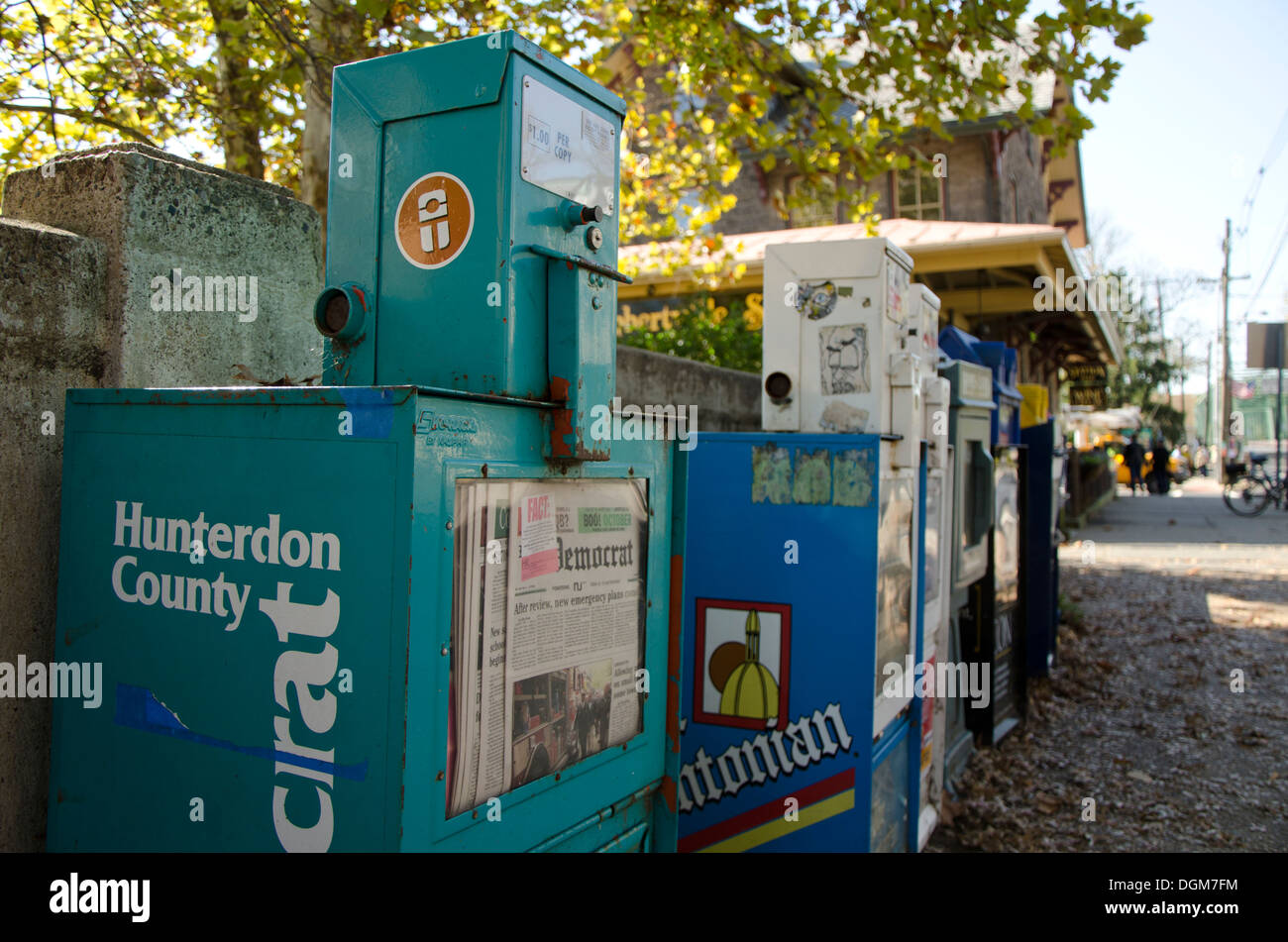 Newspaper vending machines or newspaper rack on city street corner in ...