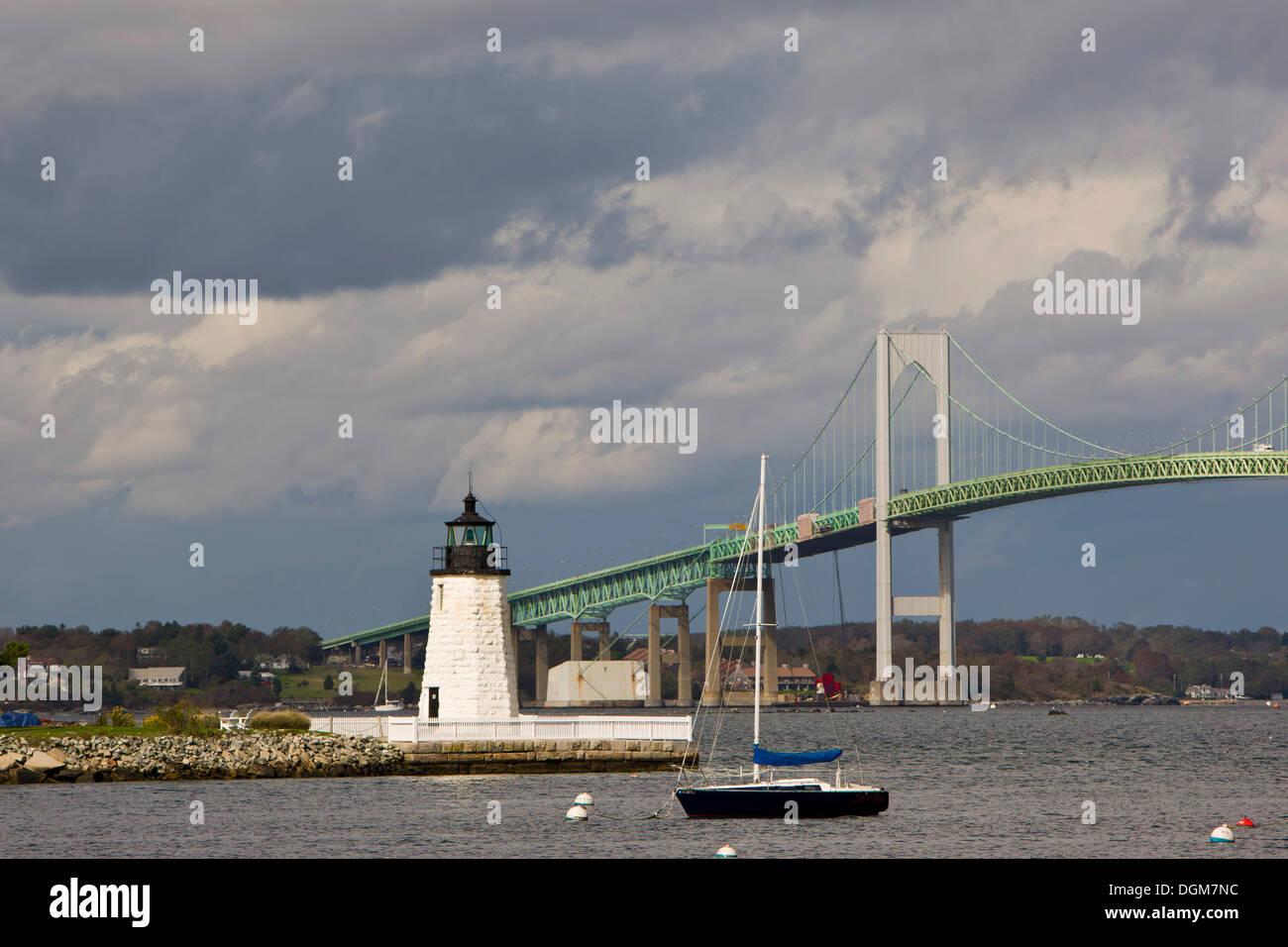 Lighthouse and highway bridge in Newport, Rhode Island, USA Stock Photo ...