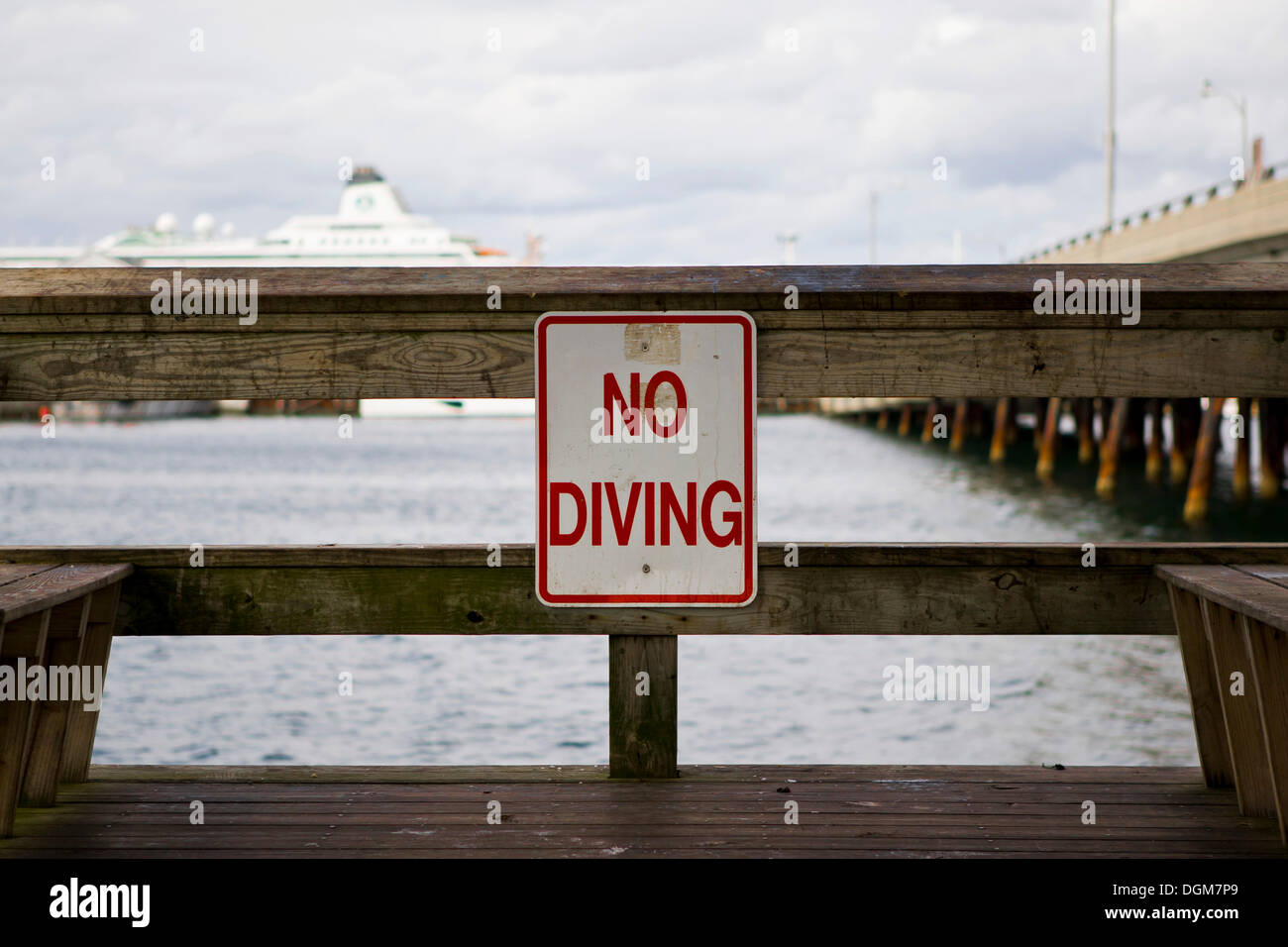 No diving sign at the port of Newport, Rhode Island, New England, USA ...