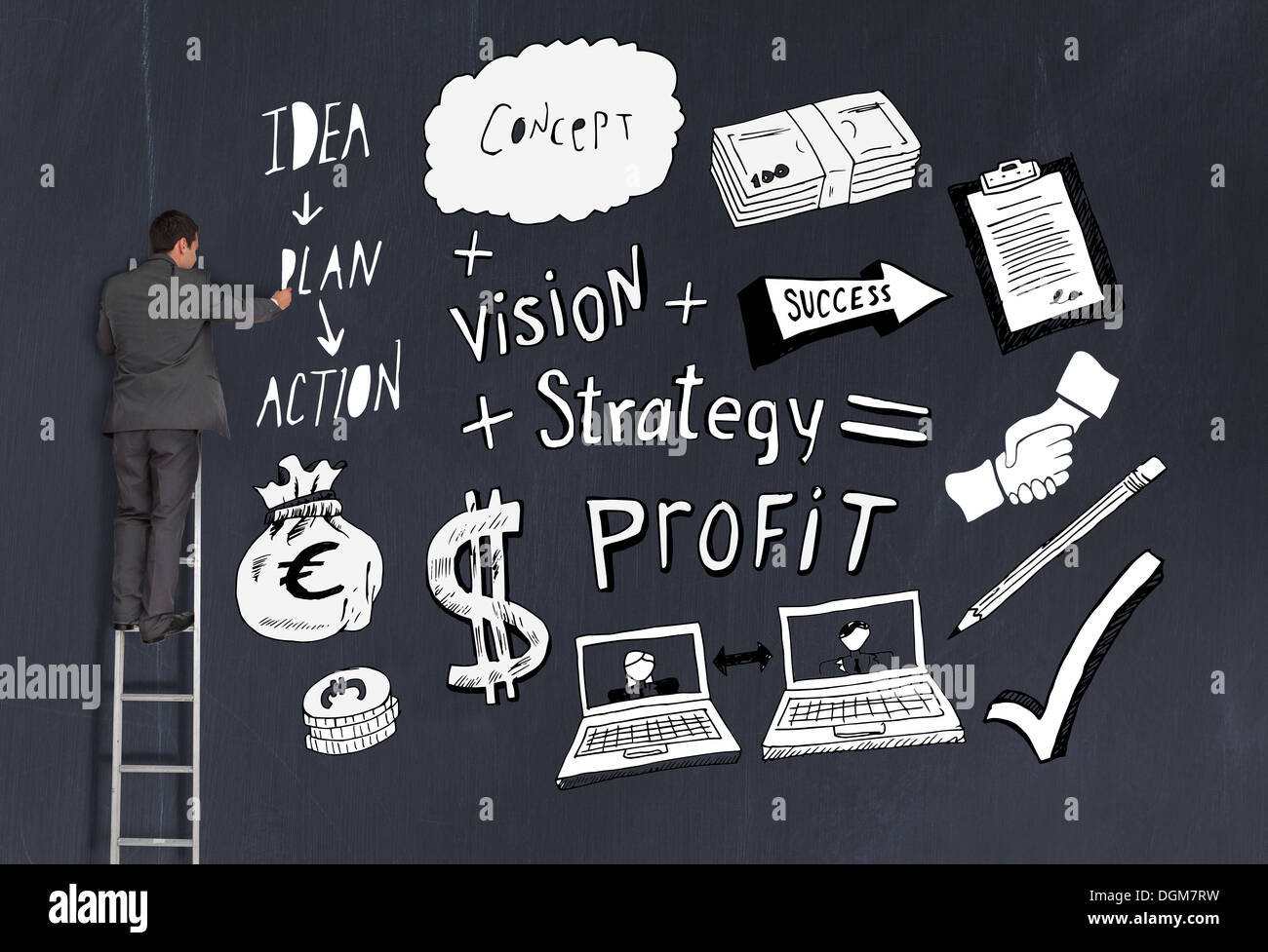 Rear view of businessman pointing at business plan black white Stock ...