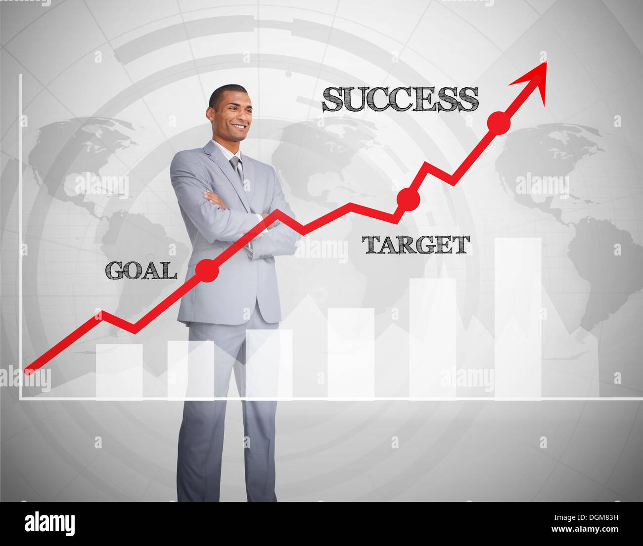 Happy businessman standing behind graphics Stock Photo - Alamy