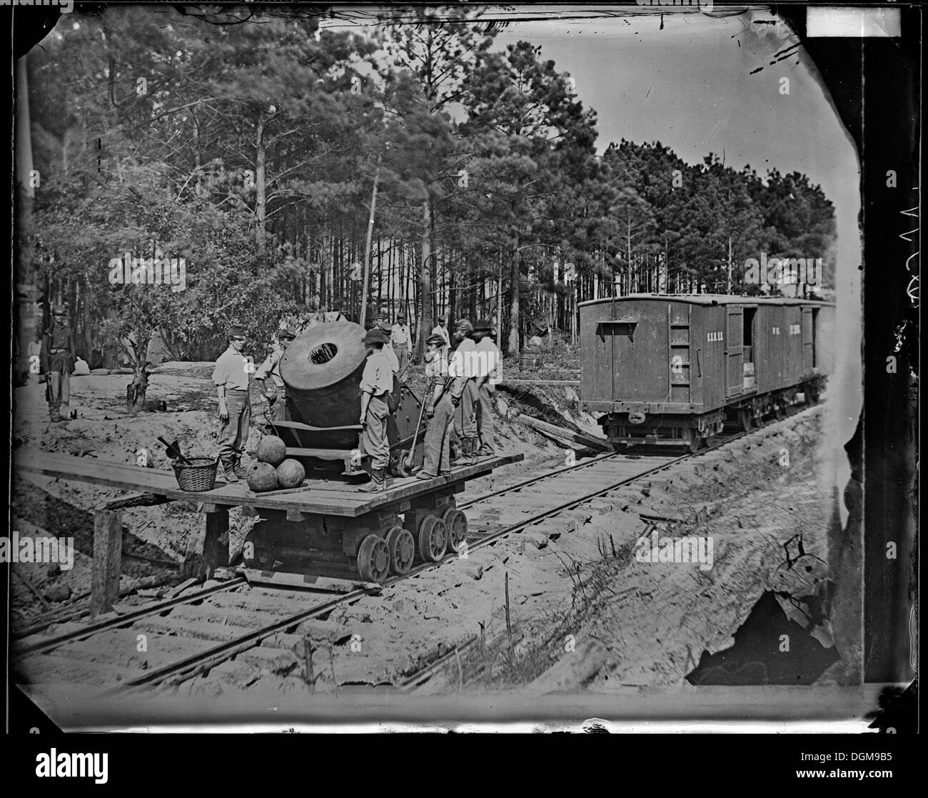 This photograph shows a mortar mounted on a railroad car, part of the U ...