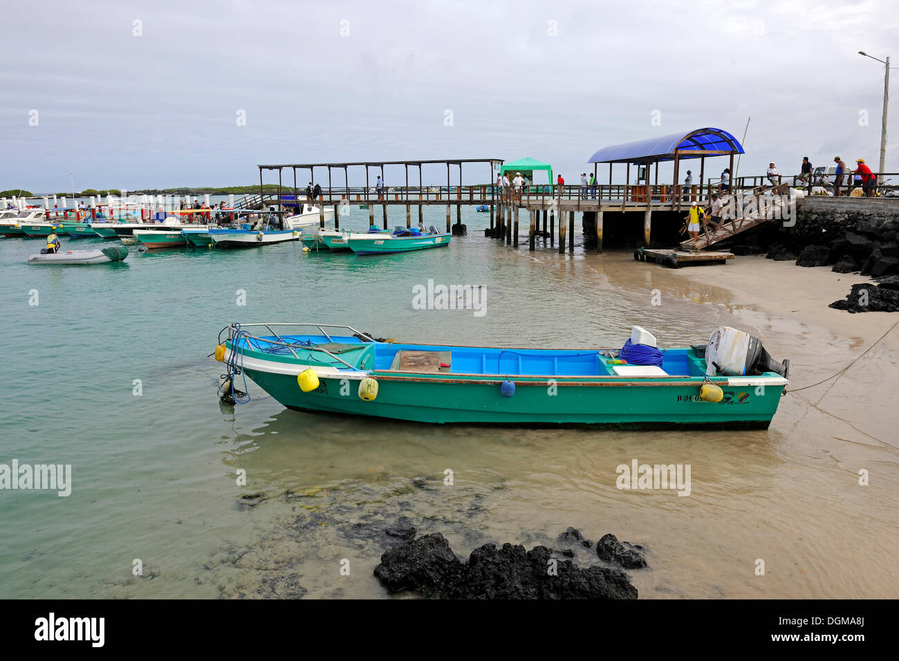 Boats and jetties of the port of Puerto Villamil, Isabela Island ...