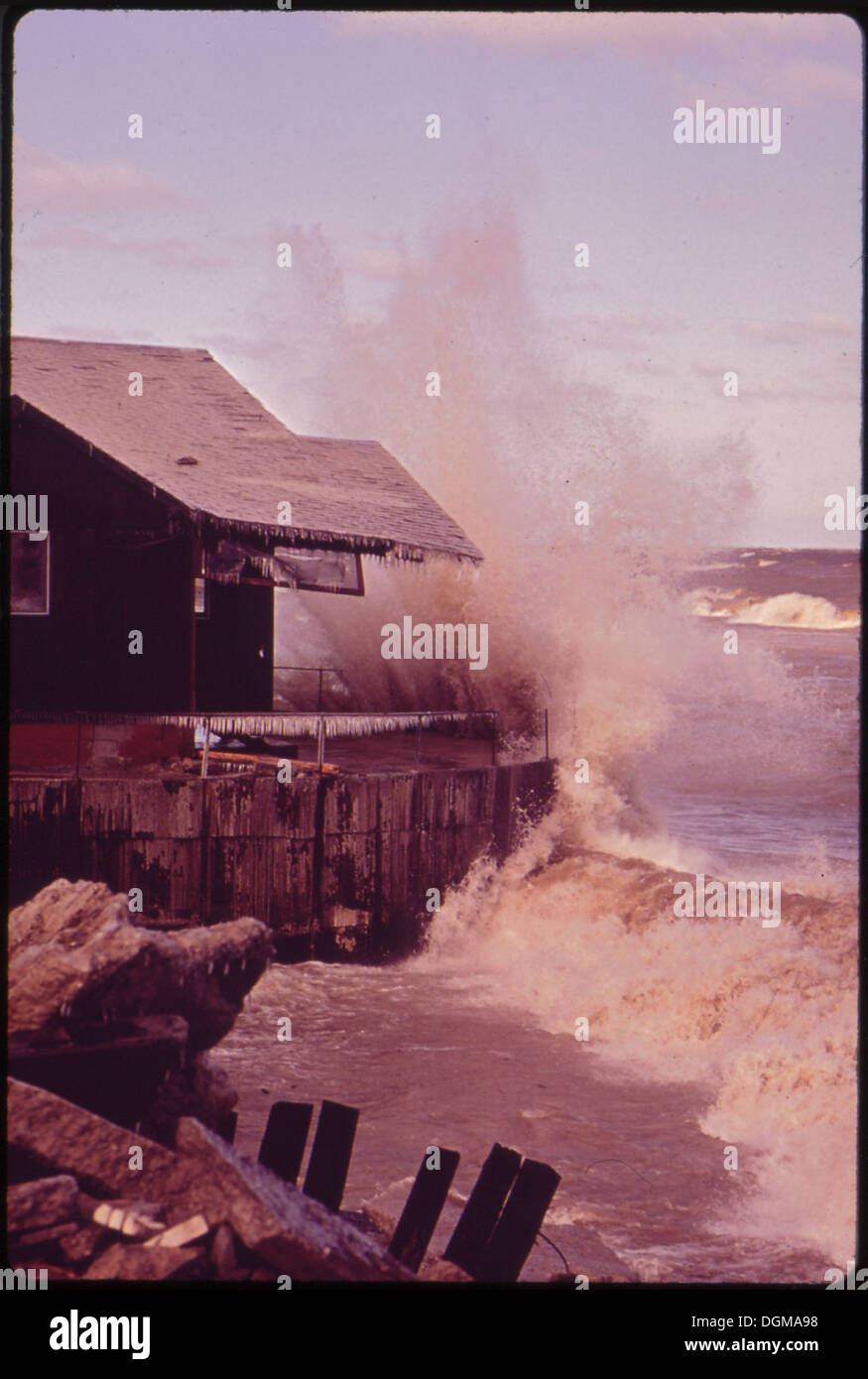 A winter storm over Lake Michigan, showing turbulent weather conditions ...