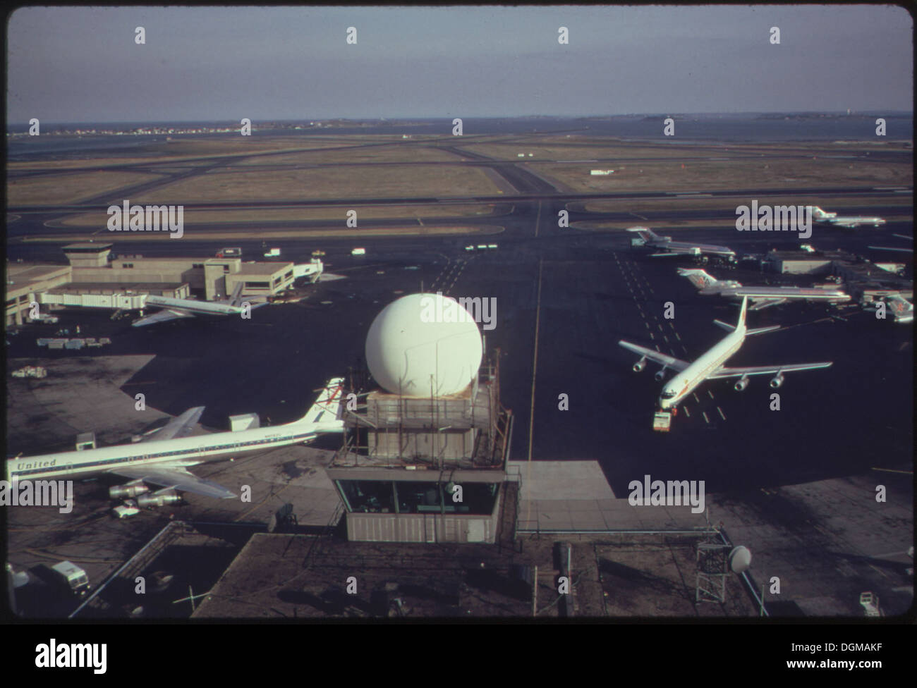 A view of Logan Airport’s control tower and runways, captured from the ...