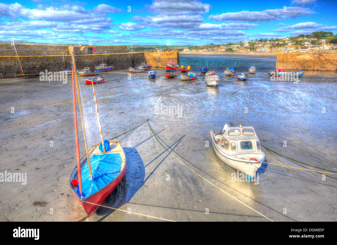 Boats in harbour St Michaels Mount Cornwall England medieval castle and ...