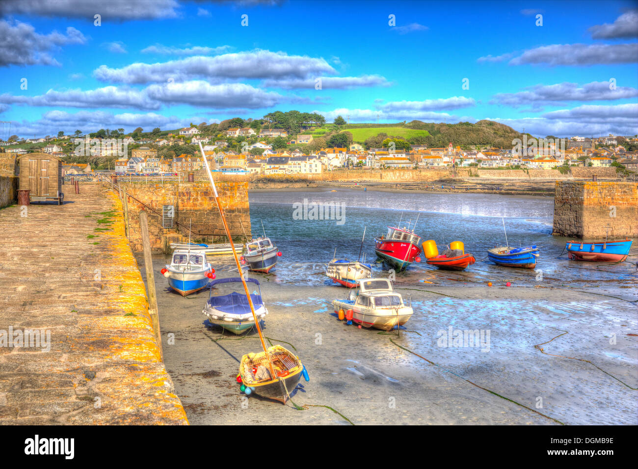 Boats in harbour St Michaels Mount Cornwall England medieval castle and ...