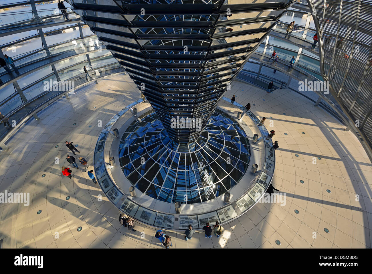 Interior with the mirrored central column of the dome of the Reichstag ...