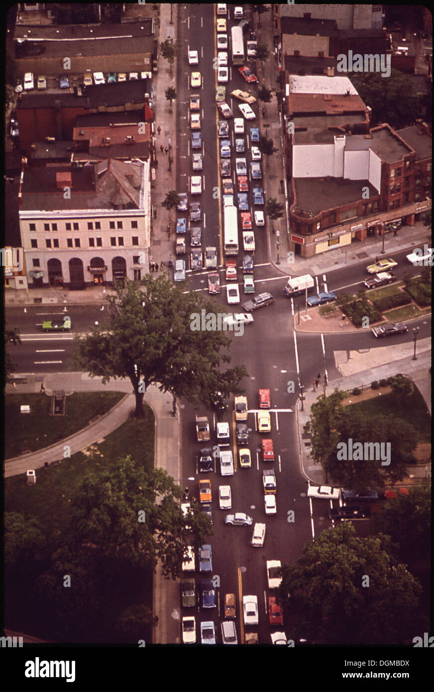 A photograph of rush-hour traffic, depicting the typical congestion and ...