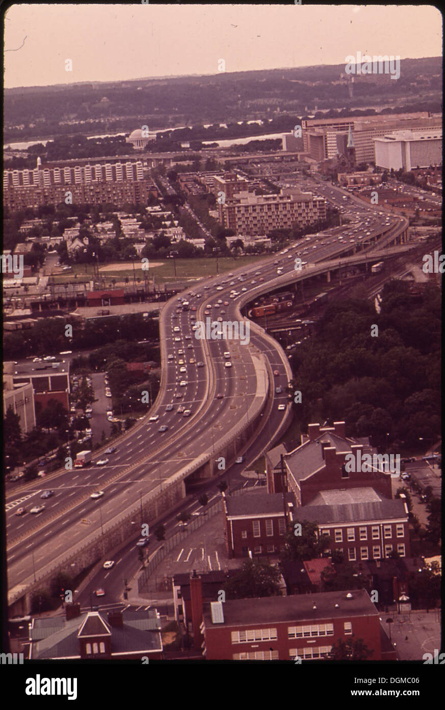 A view looking west along the Southwest Freeway, capturing the urban ...