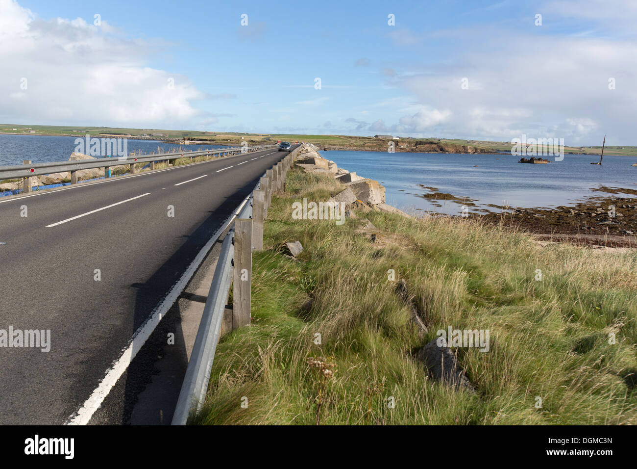 Islands of Orkney, Scotland. Churchill Barrier Number 2 on the left of ...