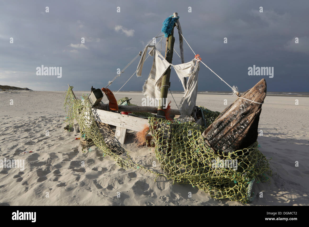 Ship built from flotsam on the beach, Langeoog, Ostfriesische Inseln ...