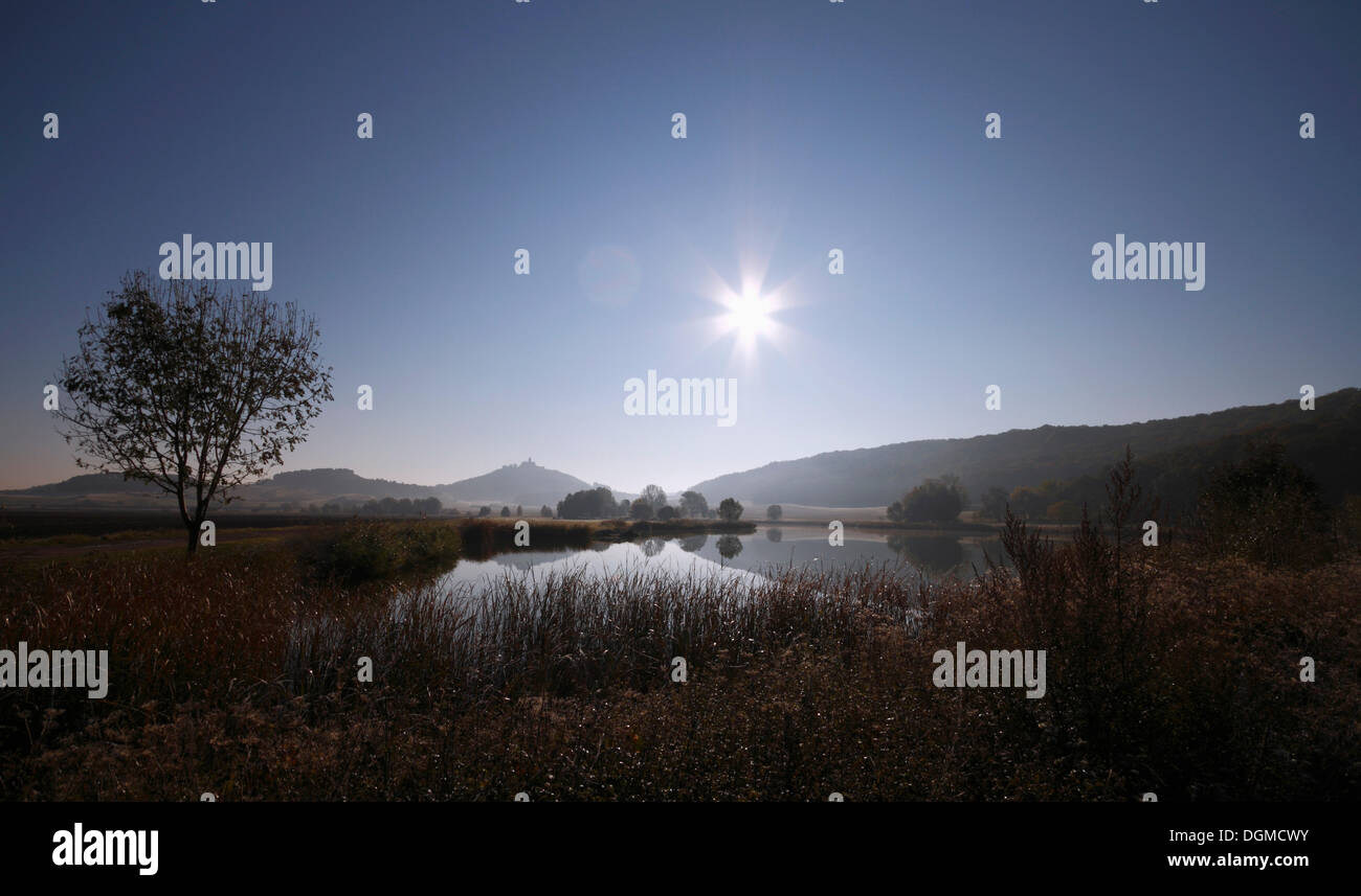 Backlit landscape, Wachsenburg Castle at back, Thüringer Wald ...