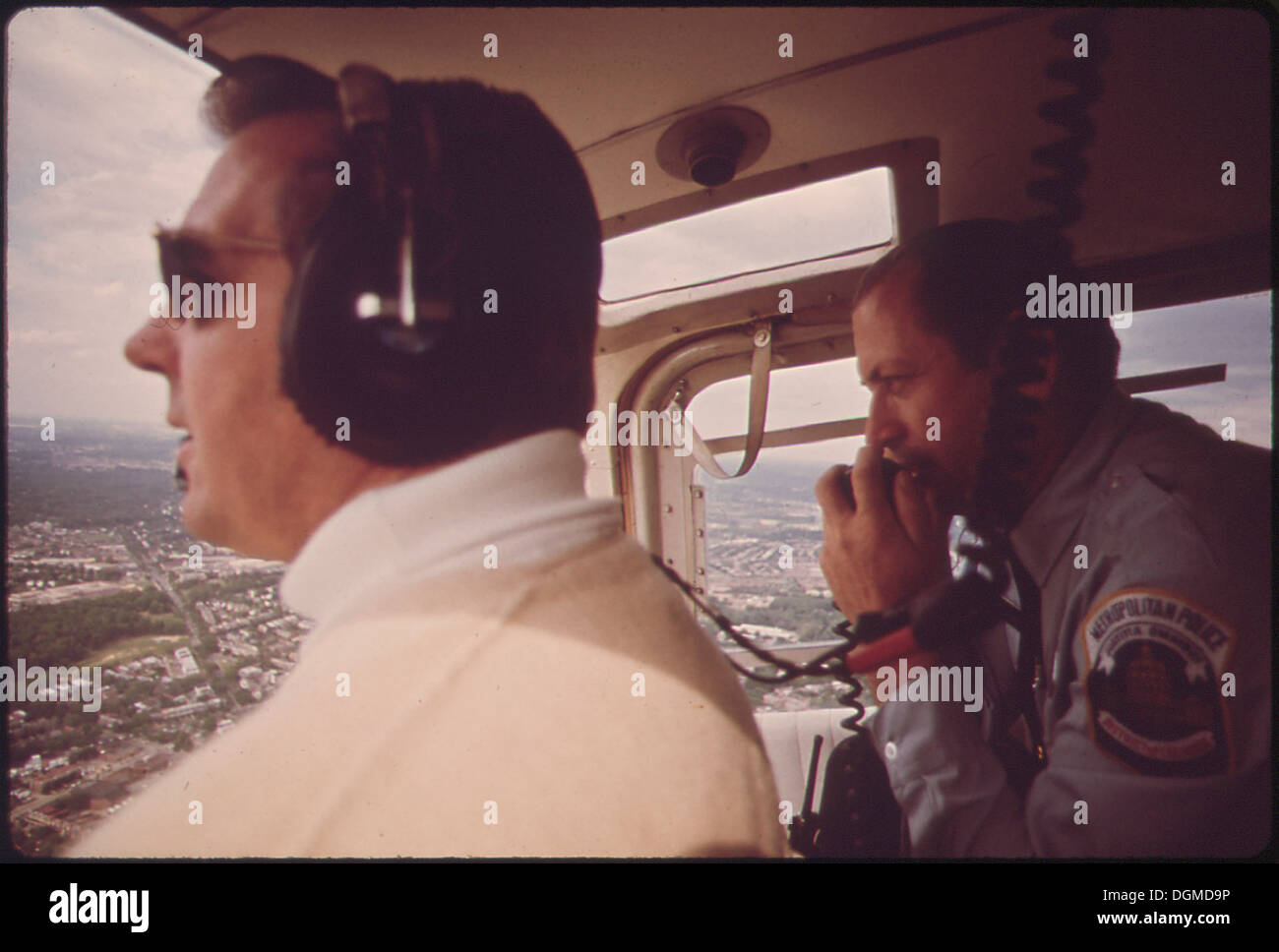 A police helicopter broadcasts traffic updates over a city. The ...
