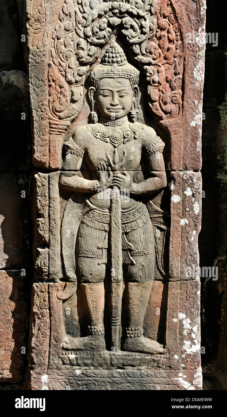 Relief, Dvarapala, guard figure, the temple complex of Banteay Kdei ...