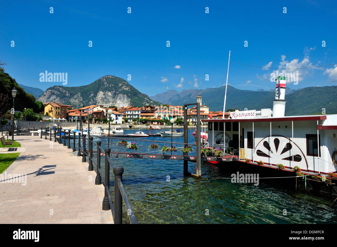 Townscape with a paddle steamer ship restaurant, Feriolo, Lake Maggiore ...