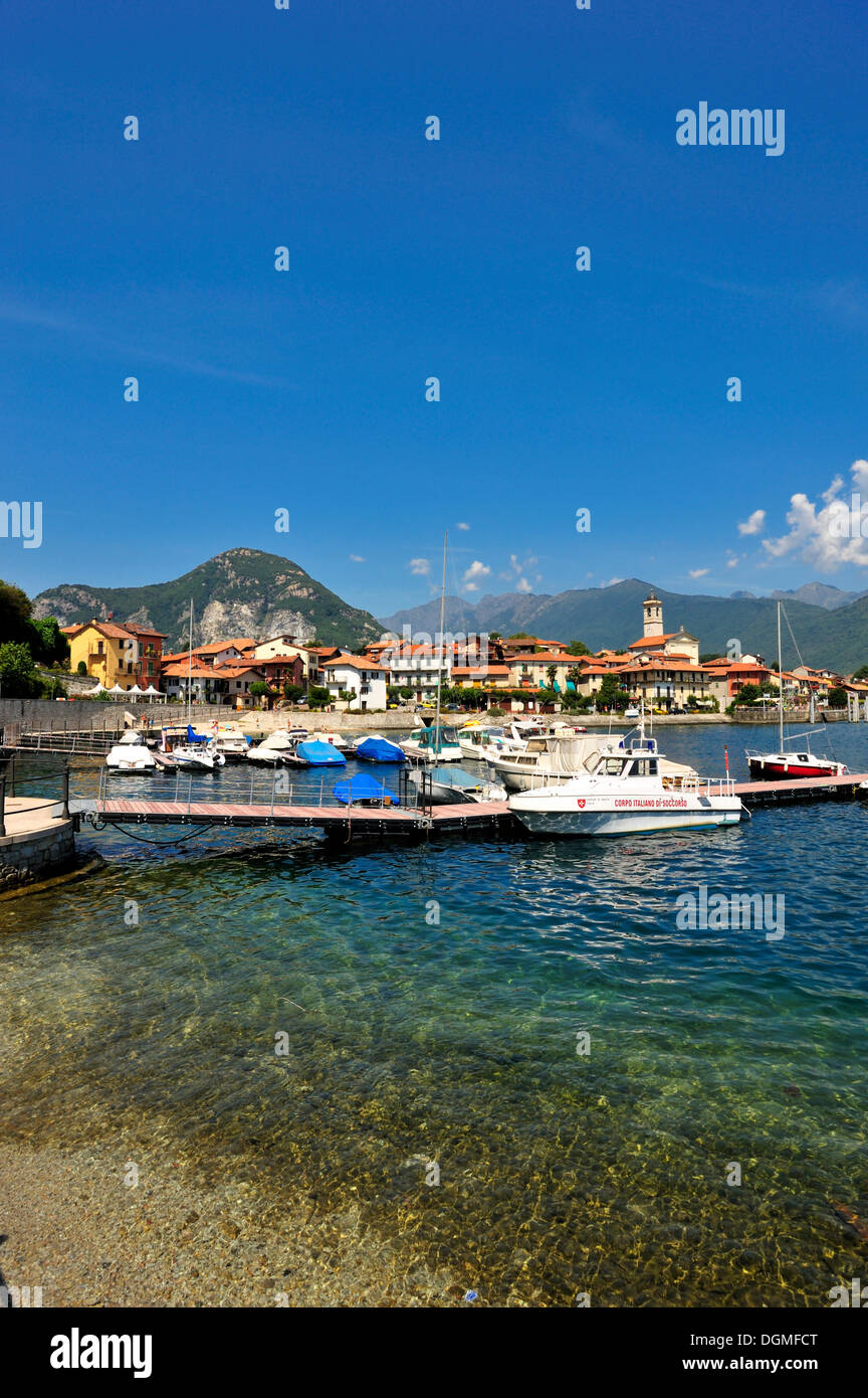 Townscape with port and beach, Feriolo, Lake Maggiore, Piedmont, Italy ...