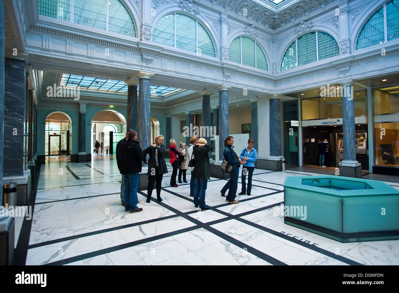 Atrium of Credit Suisse, glass fountain basin, Zurich, Switzerland ...
