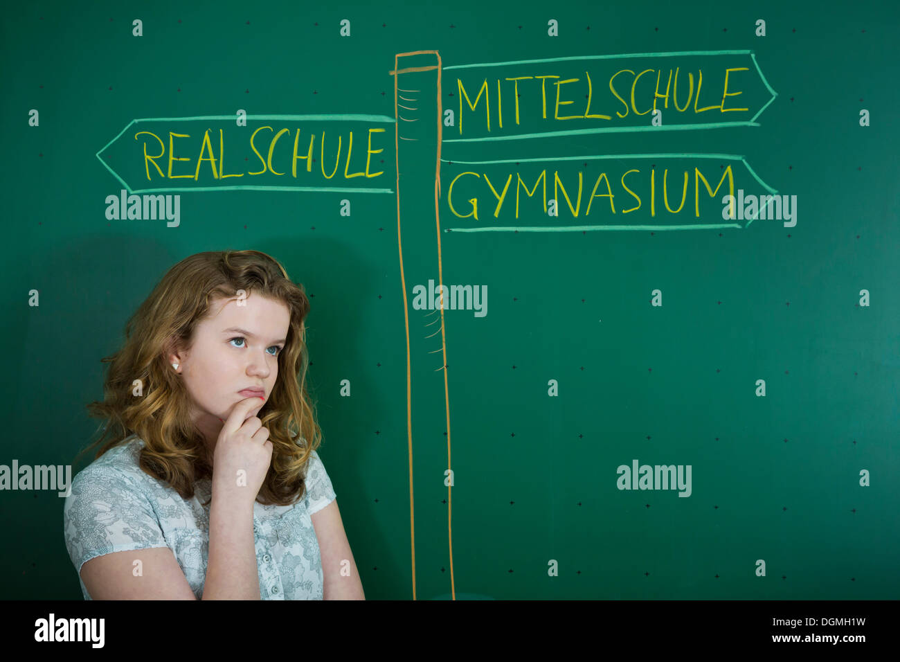 Girl pondering in front of school signs drawn on a blackboard with the ...