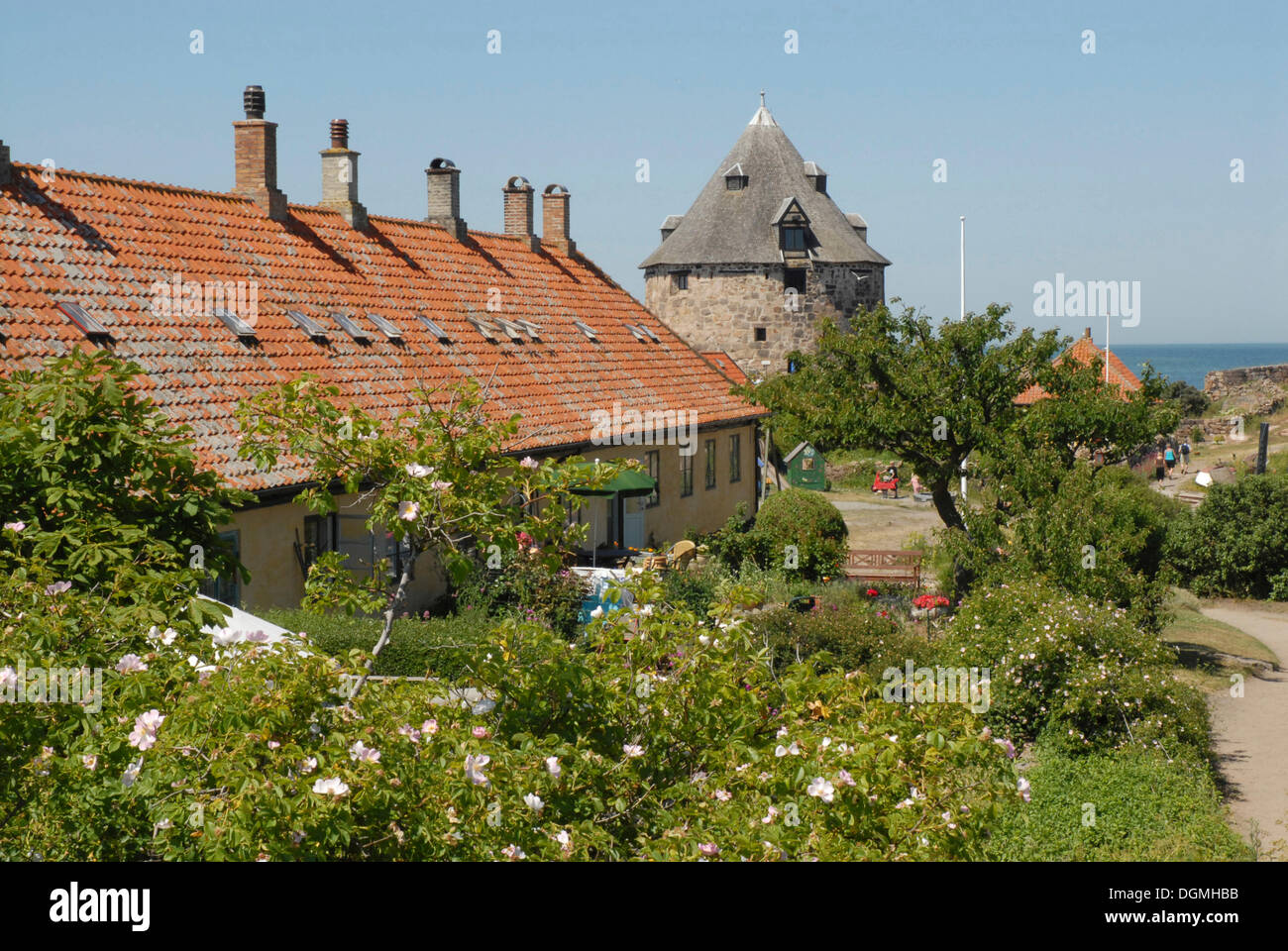 House with garden and a tower in the old Christiansoe Fortress, Denmark ...