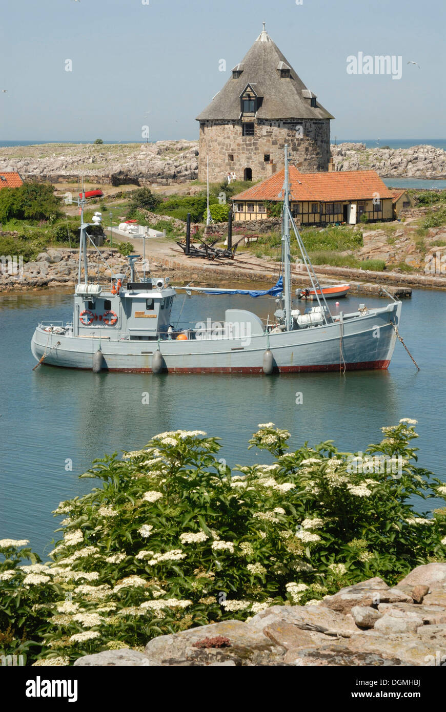 Fishingboat in harbour in the old Christiansoe Fortress, Denmark ...