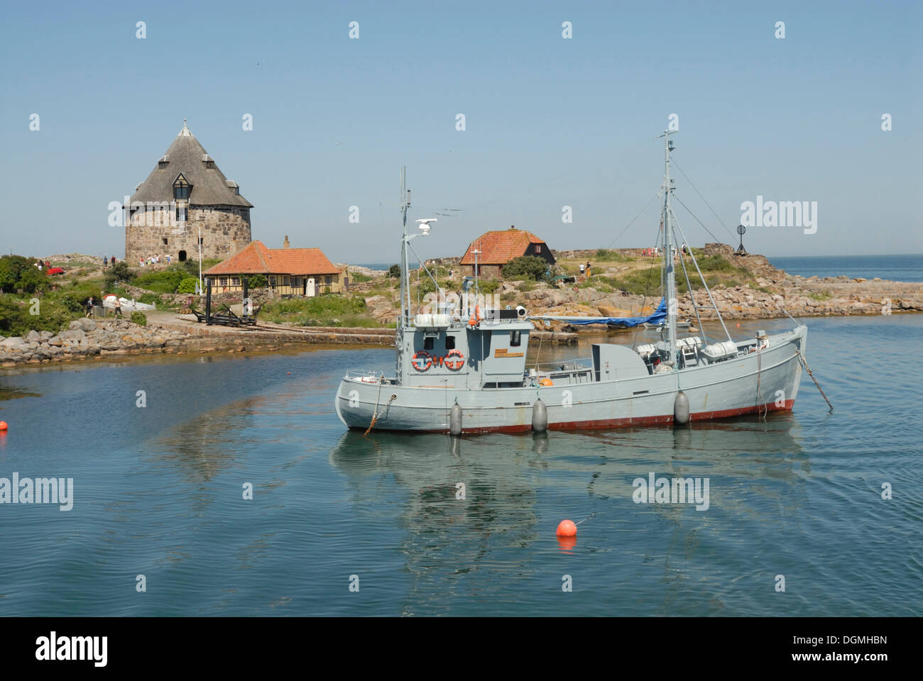 Fishingboat in harbour in Christiansoe Fortress, Denmark, Europe Stock ...