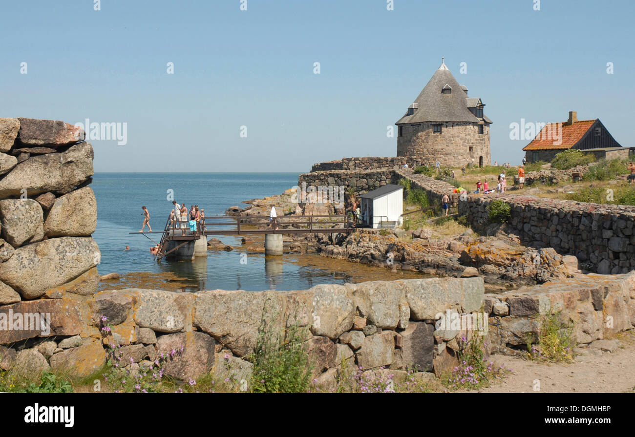 Bathplace, stonewalls and tower at the old Christiansoe Fortress ...