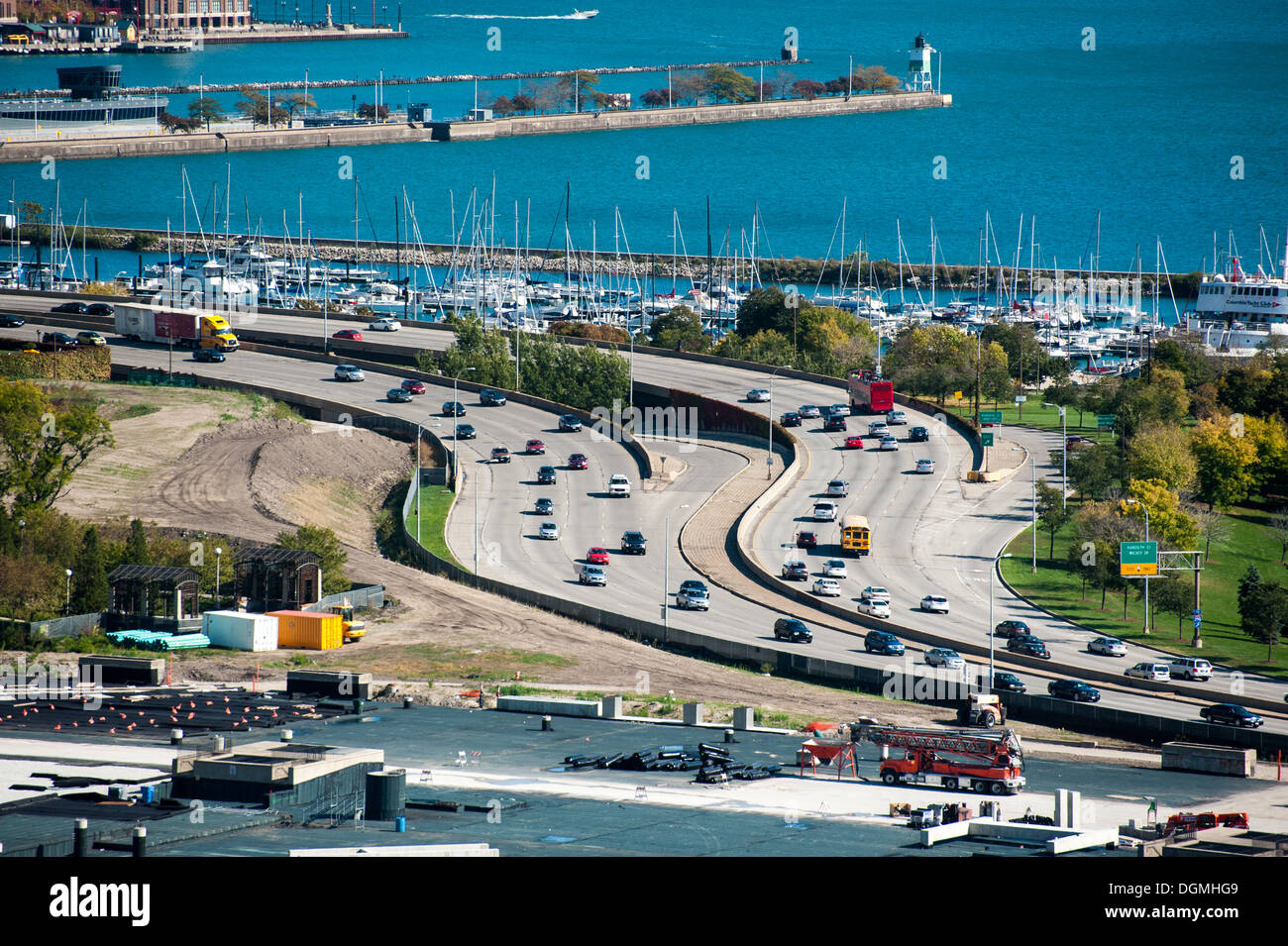CHICAGO, IL - OCTOBER 19: An aerial view of Lake Shore Drive near ...