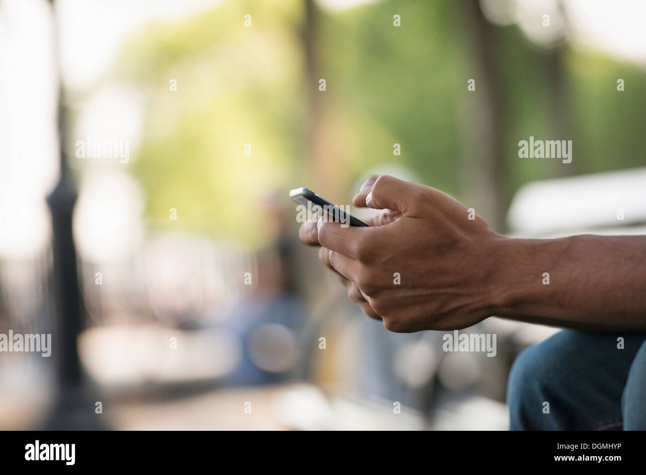 Summer. A man sitting on a bench using a smart phone Stock Photo - Alamy