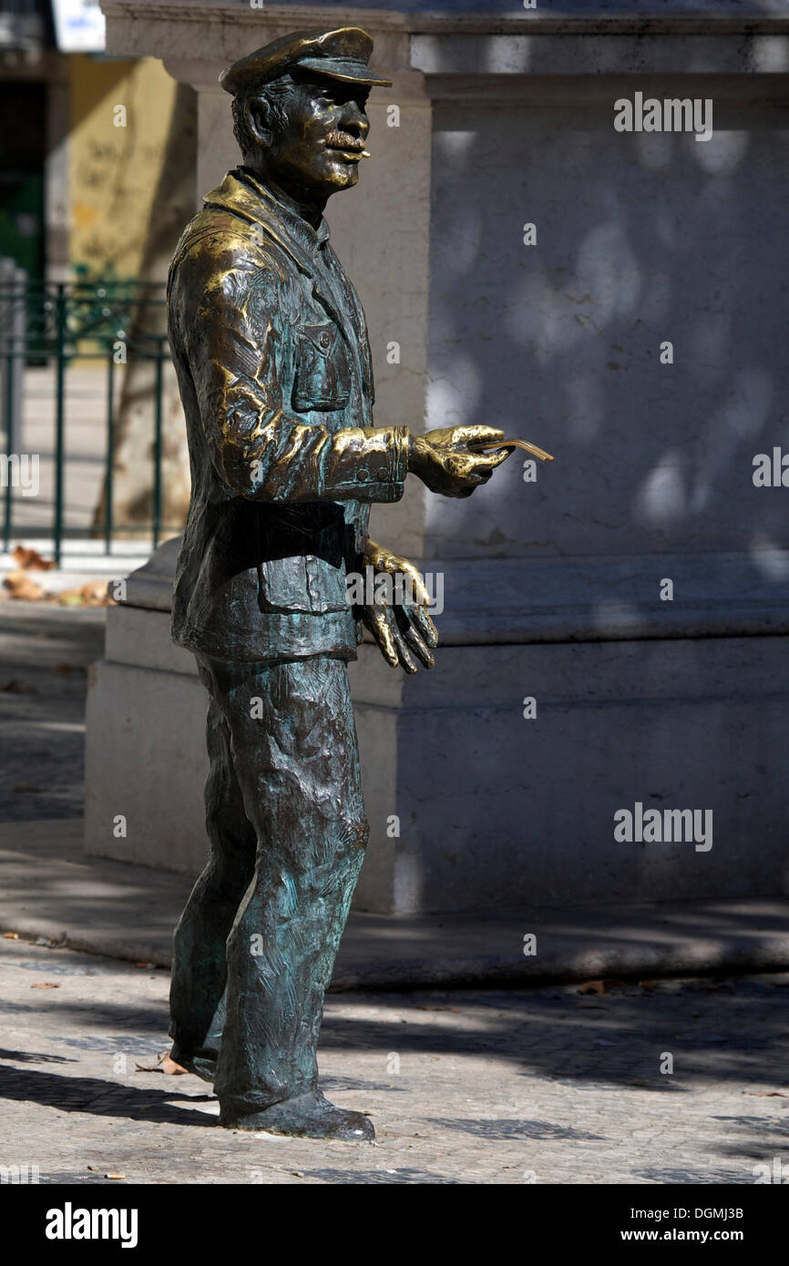 Bronze statue of a lottery vendor on Largo Trindade Coelho square in ...