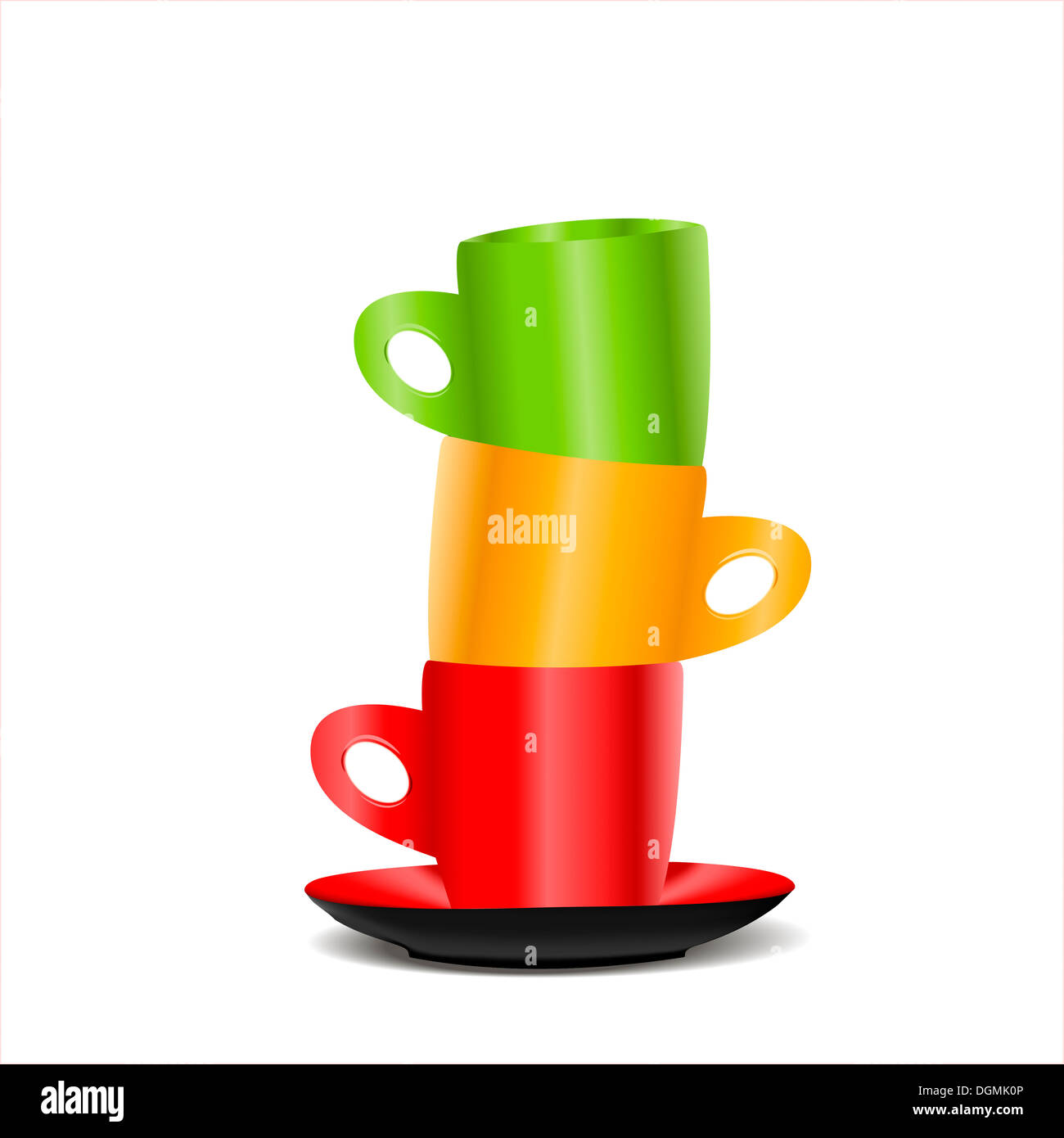 Three colorful cups make a tower on white background Stock Photo - Alamy
