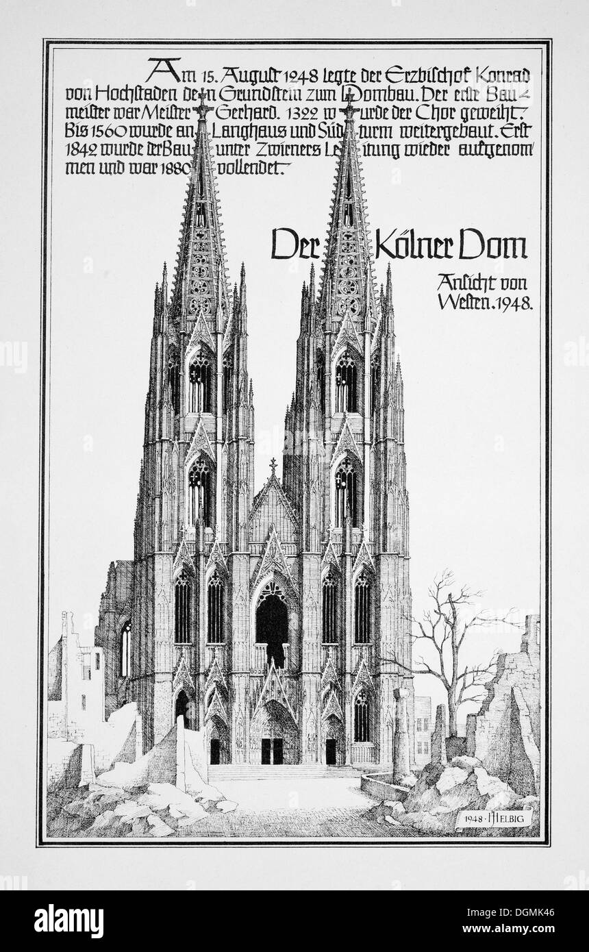 Historic engraving depicting the destroyed Cologne Cathedral by J ...