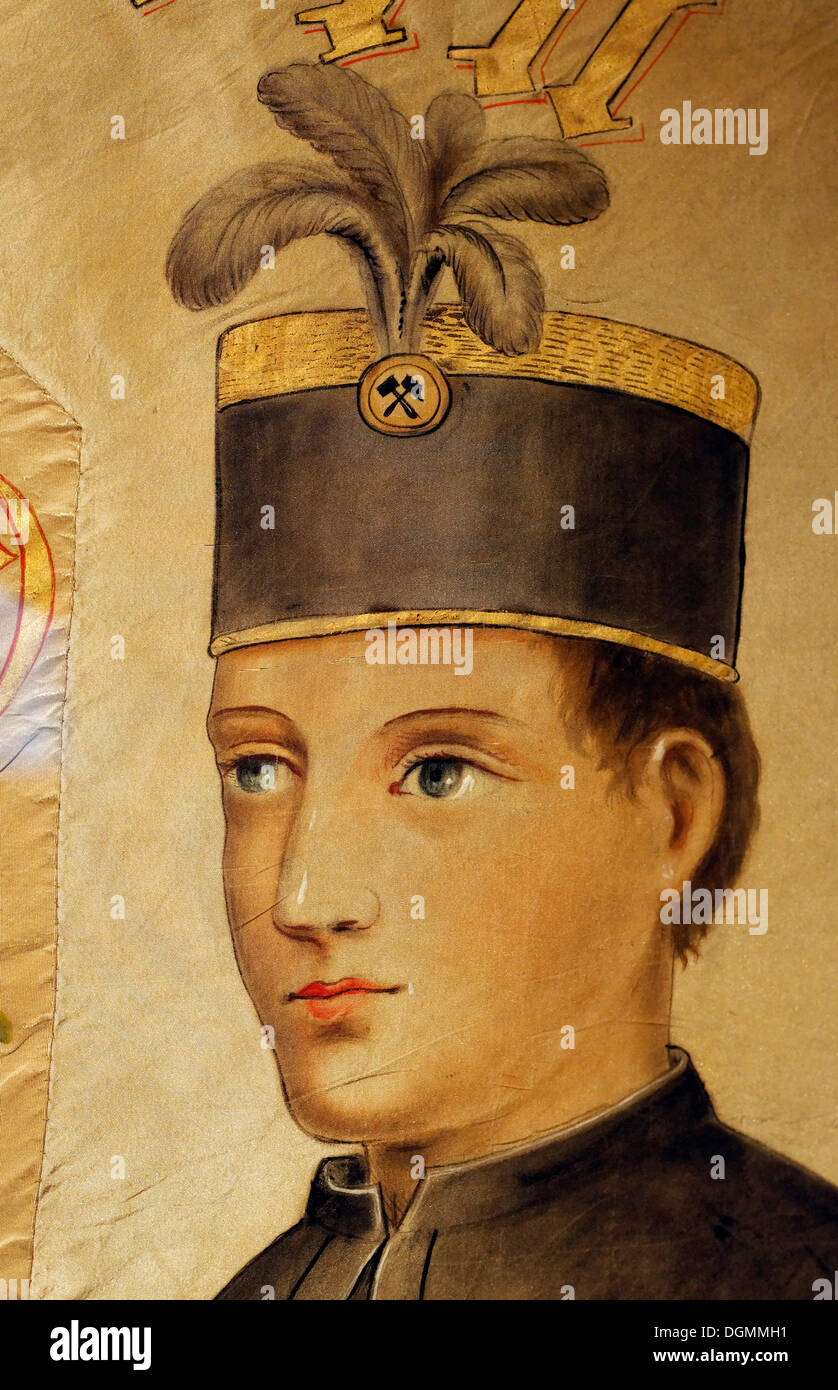 Young miner with cap, embroidery on a flag, new Ruhr Museum, UNESCO ...